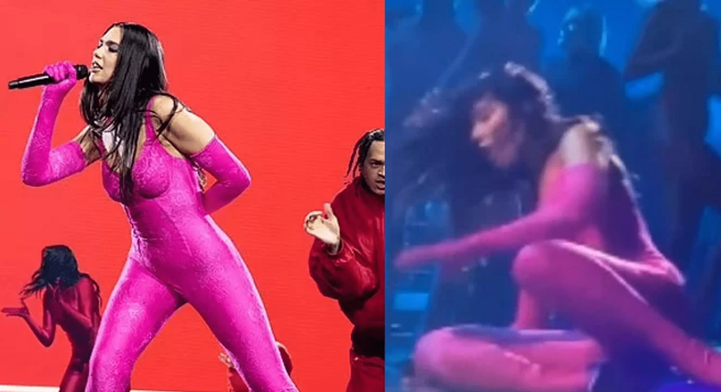 Dua Lipa, i se Jumpsuit mataʻina, na paʻu saʻo i luga o le tulaga